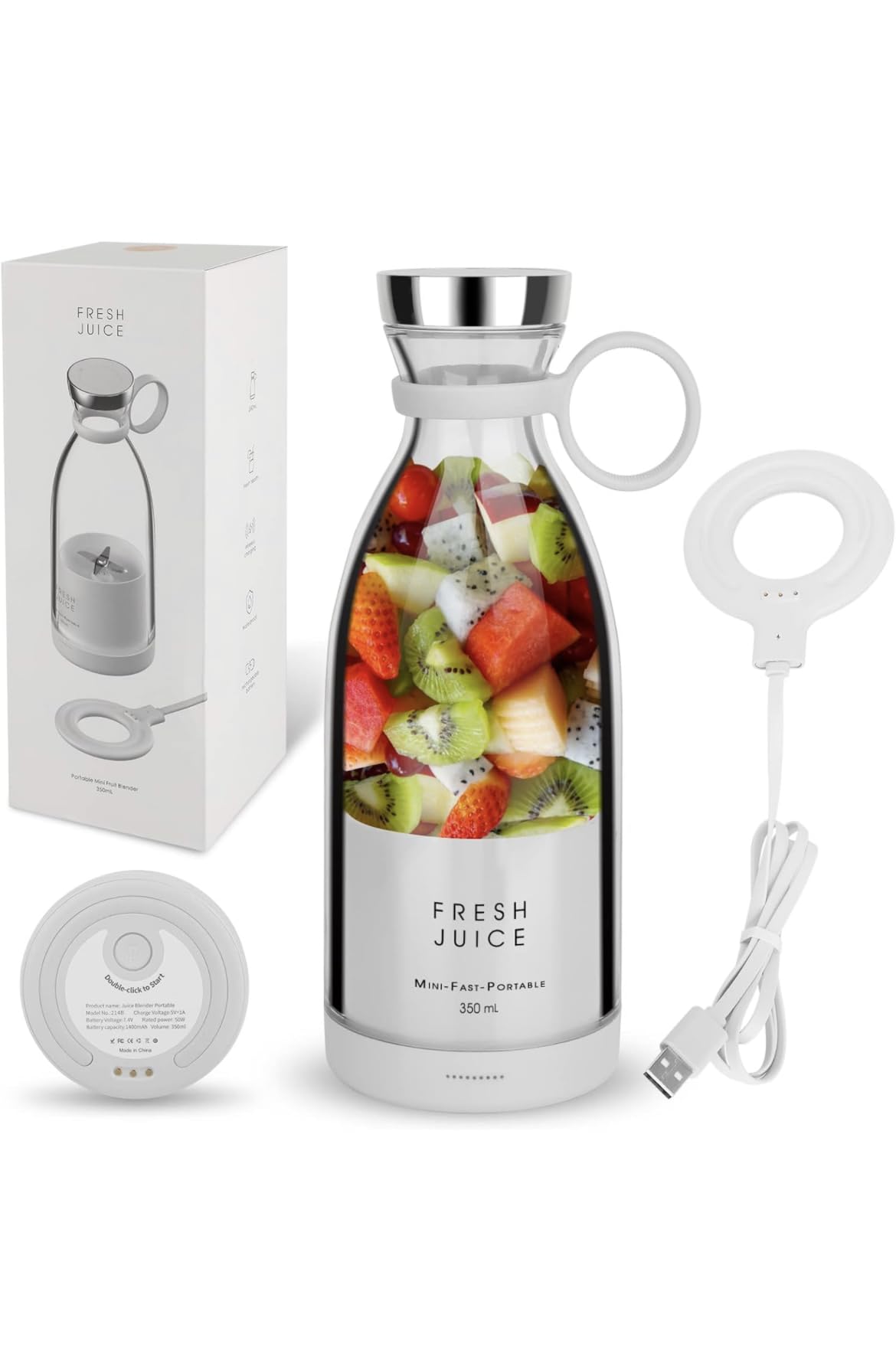 Katuza USB Rechargeable Personal Size Blender for Smoothies, Shakes, Juices & Protein Shakes-350ml- Portable Mini Fruit Blender for Home, School, Gym, Office, Travel (White)