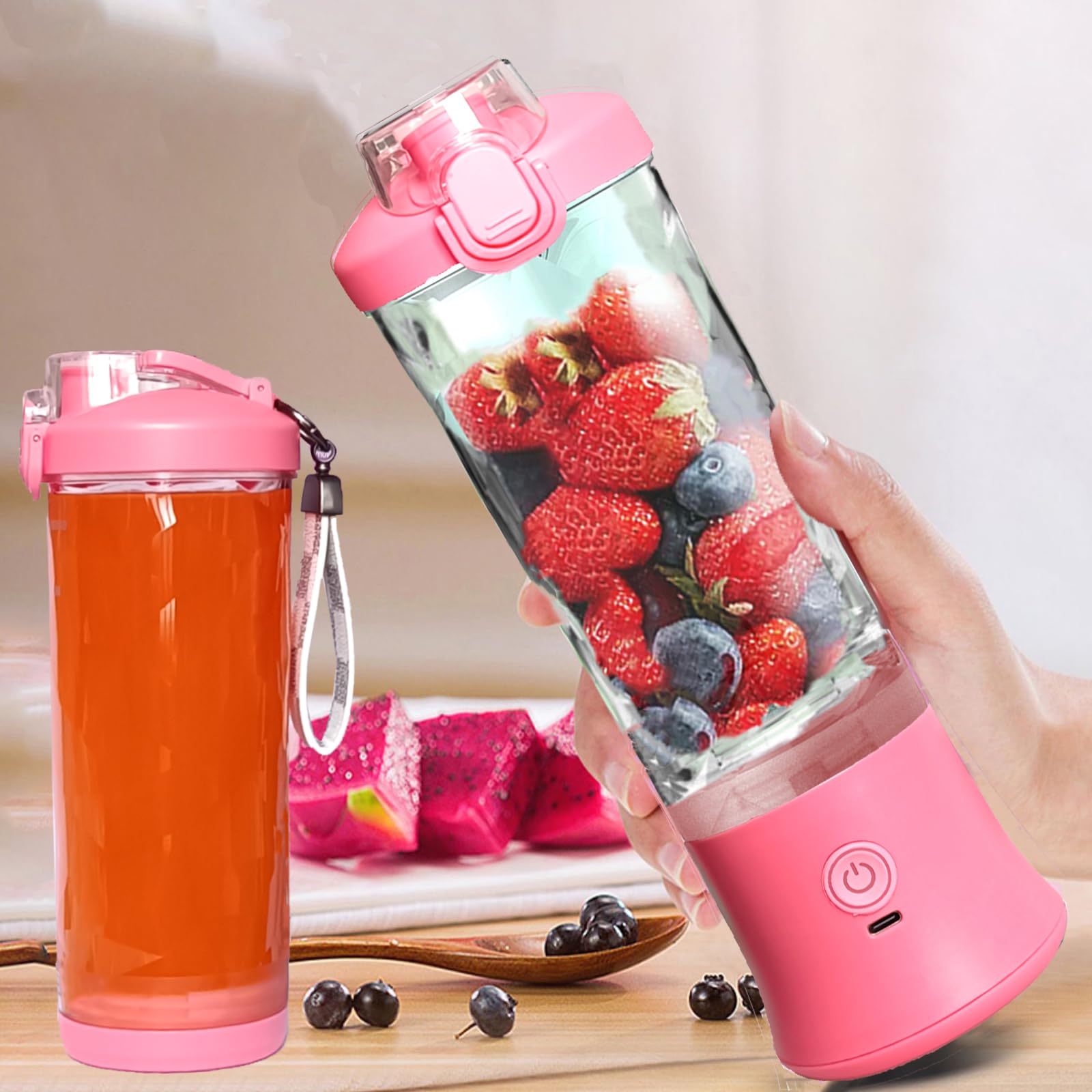 Portable Smoothies Blender, USB Travel Juice Cup, Juice and Shakes Blender, Baby Food Mixing Machince with 6 Blades 4000mAh Rechargeable Battery,for Home, Travel, Office 16.9 Oz (Light Pink)