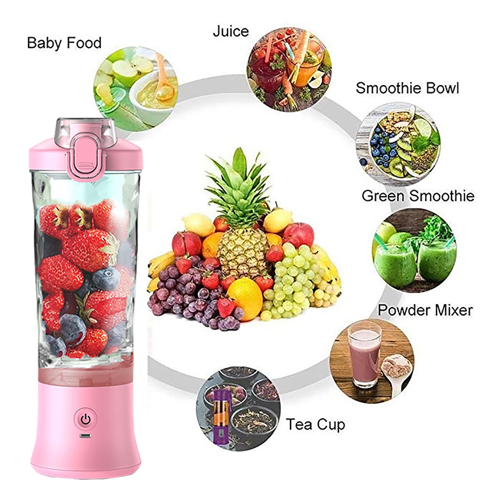 Portable Smoothies Blender, USB Travel Juice Cup, Juice and Shakes Blender, Baby Food Mixing Machince with 6 Blades 4000mAh Rechargeable Battery,for Home, Travel, Office 16.9 Oz (Light Pink)