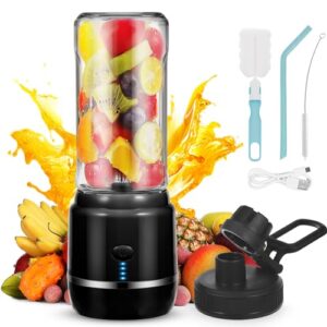 kqiang portable blender, usb rechargeable, 400ml capacity, 360 high-speed cutting and mixing, six blade design, black