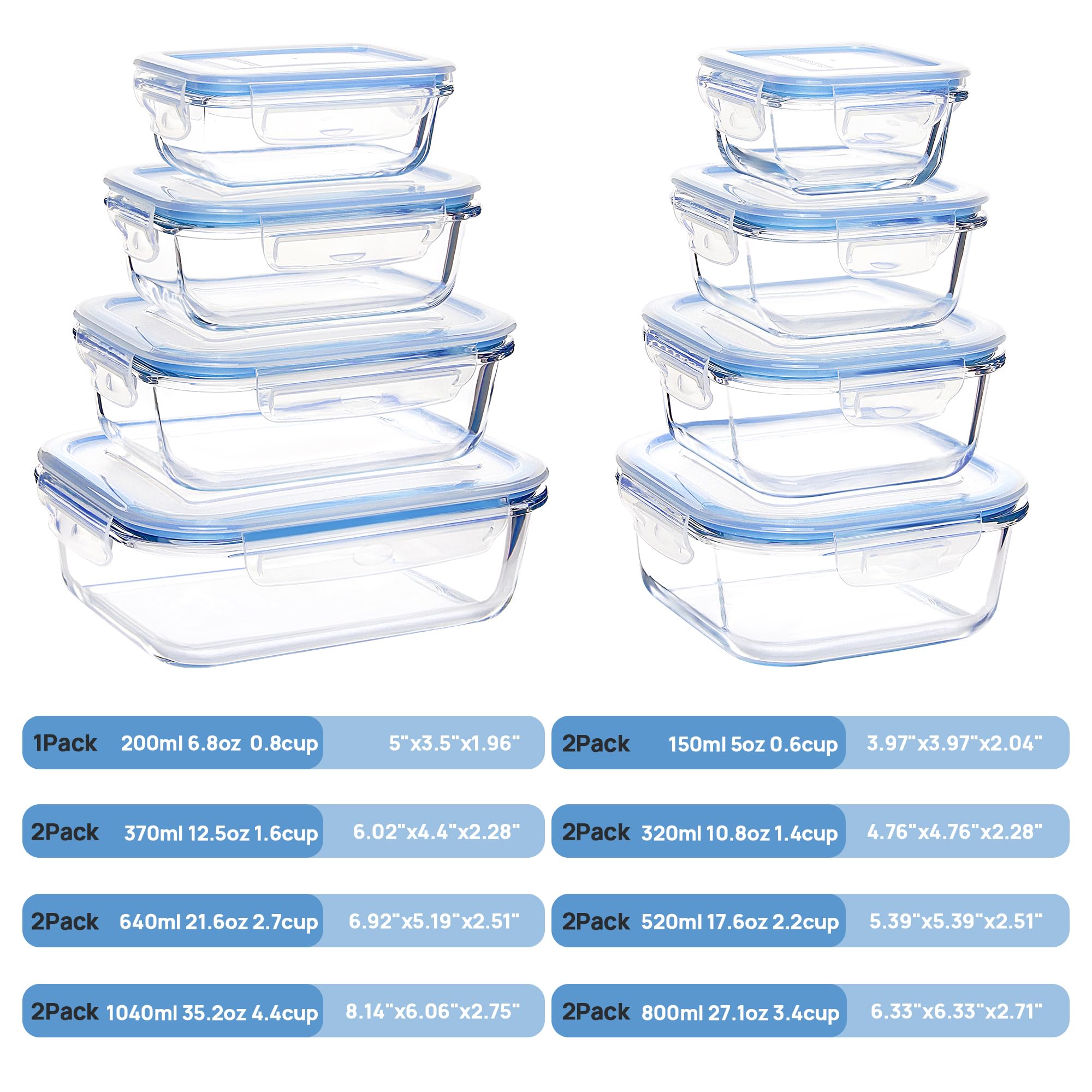 Vtopmart 15 Pack Glass Food Storage Containers with Lids, Glass Meal Prep Containers, Airtight Glass Bento Boxes with Leak Proof Locking Lids, for Microwave, Oven, Freezer and Dishwasher, BPA Free