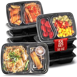 eupako 55 sets 32 oz meal prep container reusable - plastic-food-storage-containers-with-lids, disposable to go containers, portion control - microwave, dishwasher, freezer safe (2 compartment)