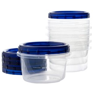 plasticpro [16 oz 5 pack] deli containers clear bottom with blue top twist on lids reusable, stackable, food storage freezer container