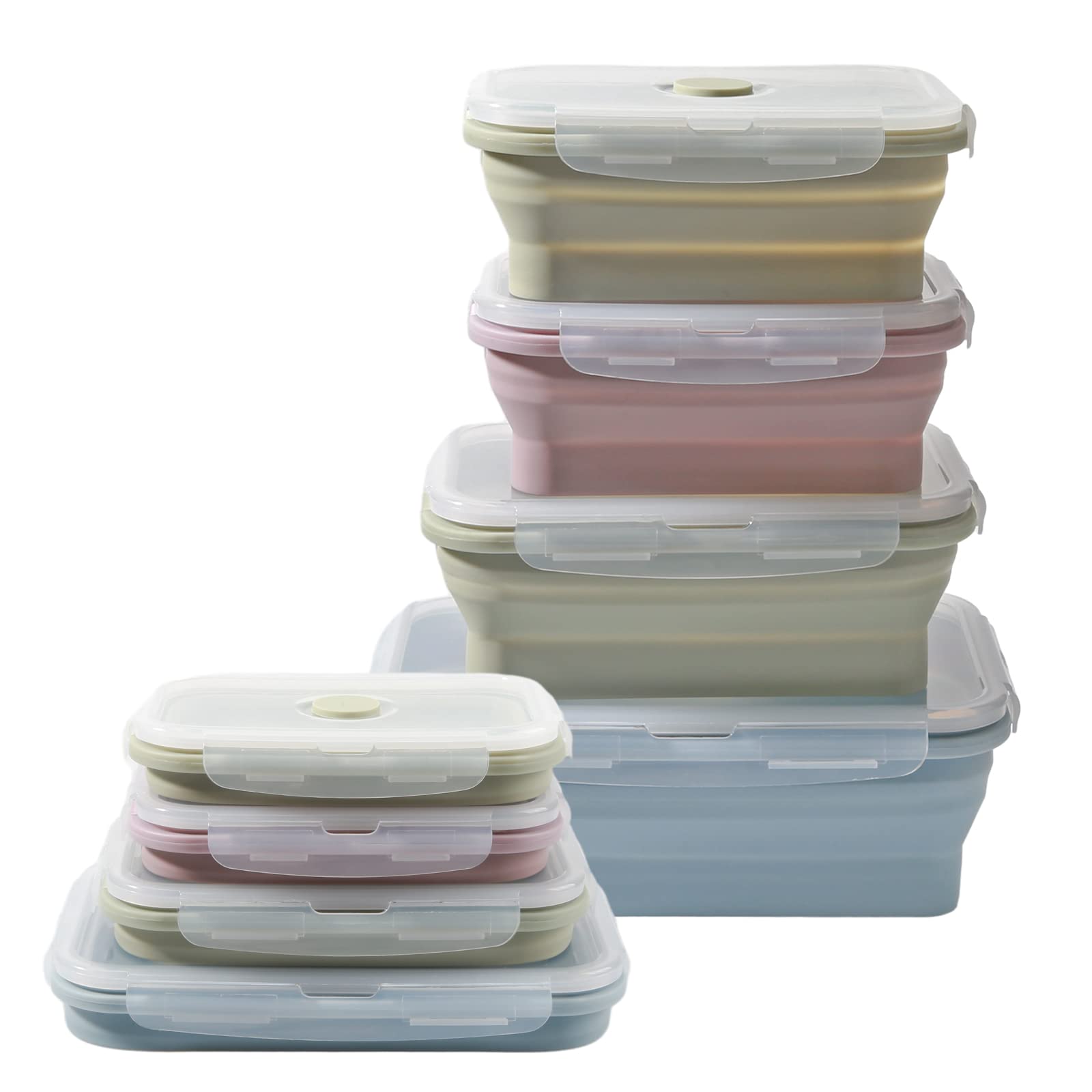 BLYANX Set of 4 Collapsible Silicone Food Storage Containers with Lids, Flat Stacks, Stackable Reusable Lunch Meal Prep Containers, RV Travel Accessories, Microwave Freezer Dishwasher Safe,Multi-Color