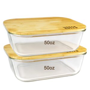 urban green glass container with bamboo lid, 2 pack of 50oz, large glass food storage container with lids, glass meal prep containers set, glass containers set of 2, glass food containers