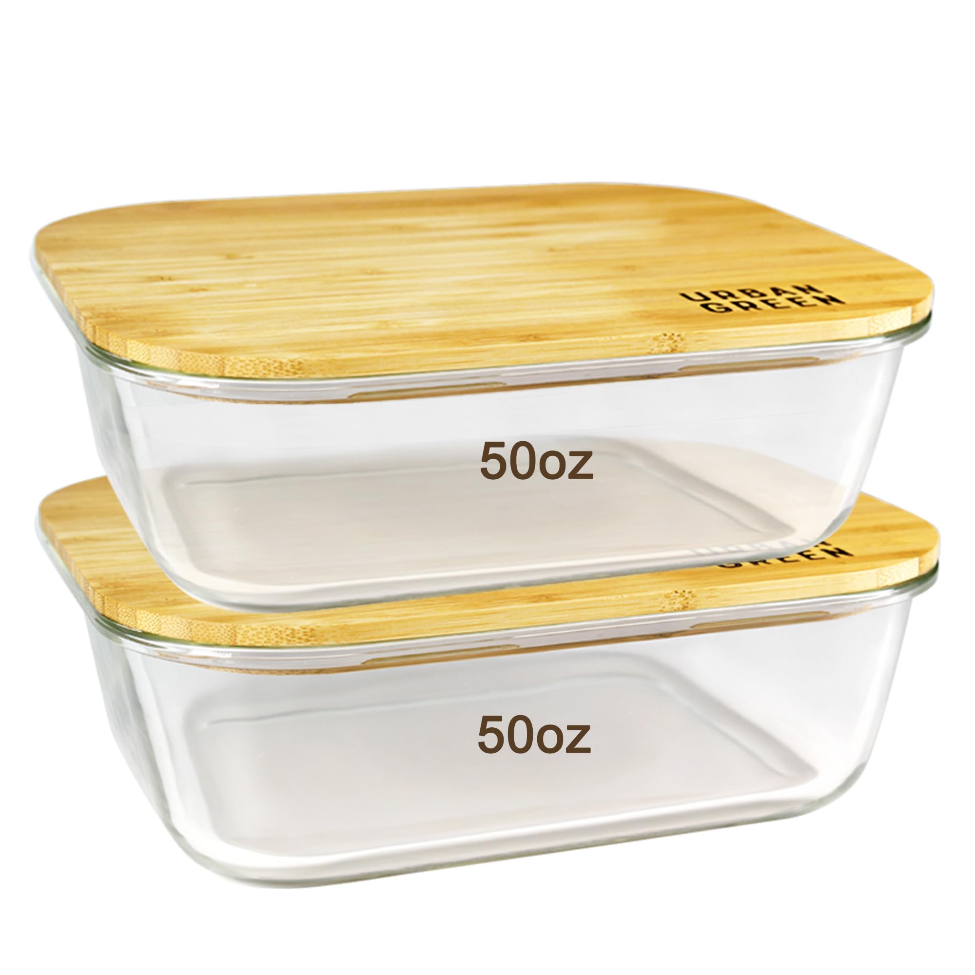 Urban Green Glass Container with Bamboo Lid, 2 Pack of 50oz, Large Glass food storage Container with Lids, Glass Meal Prep Containers Set, Glass Containers set of 2, Glass Food Containers