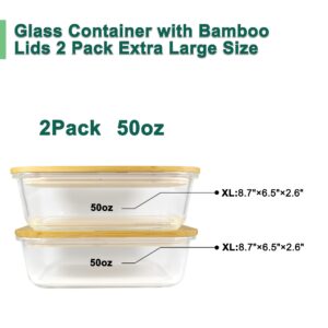 Urban Green Glass Container with Bamboo Lid, 2 Pack of 50oz, Large Glass food storage Container with Lids, Glass Meal Prep Containers Set, Glass Containers set of 2, Glass Food Containers