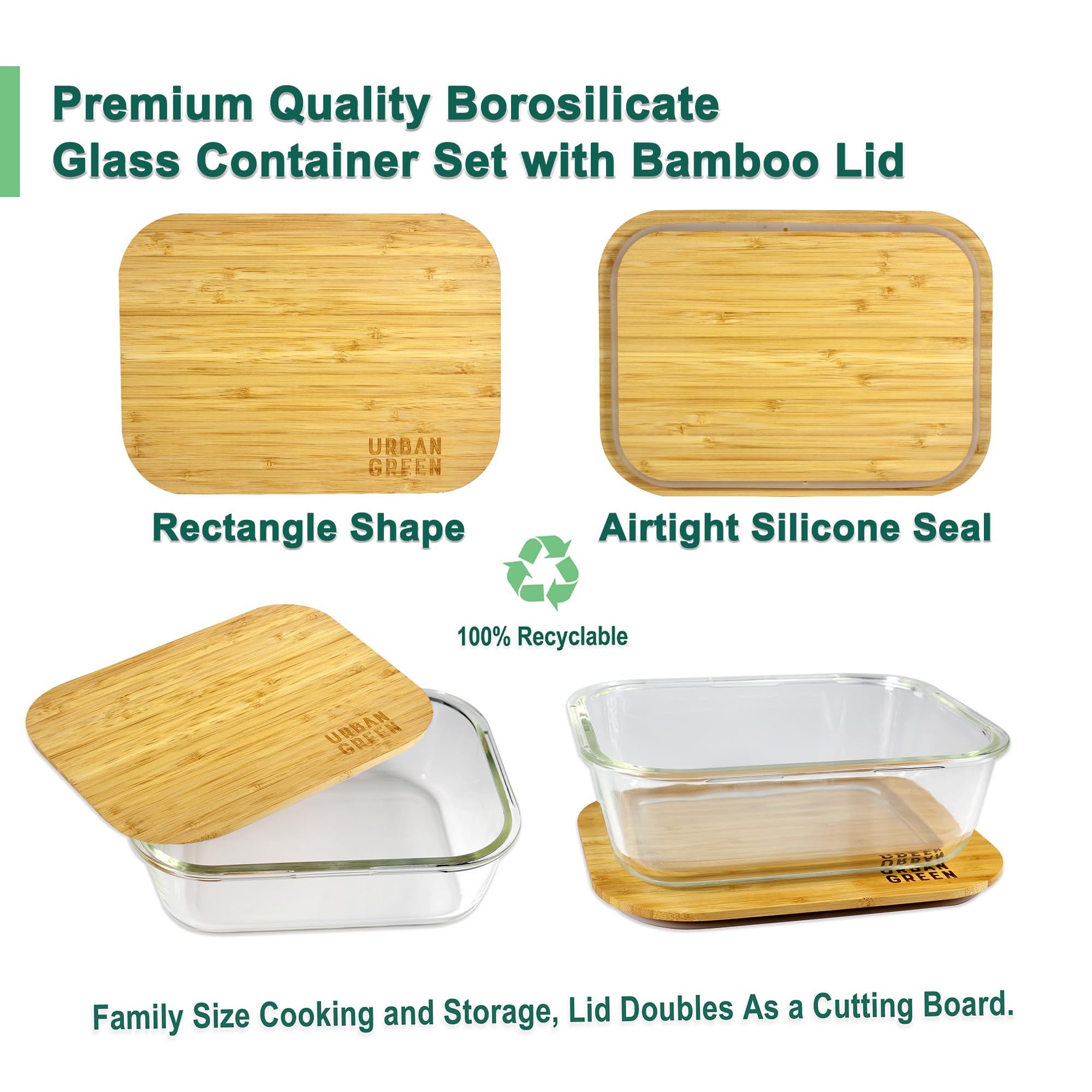 Urban Green Glass Container with Bamboo Lid, 2 Pack of 50oz, Large Glass food storage Container with Lids, Glass Meal Prep Containers Set, Glass Containers set of 2, Glass Food Containers