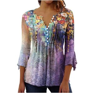 ceboyel tops for women womens summer tops 2023 floral print button down tunic shirts 3/4 sleeve tops blouse trendy dressy casual ladies clothes purple x