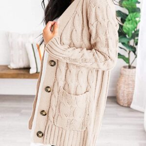 PRETTYGARDEN Women's Open Front Cardigan Sweaters Fashion Button Down Cable Knit Chunky Outwear Coats (Beige,Small)