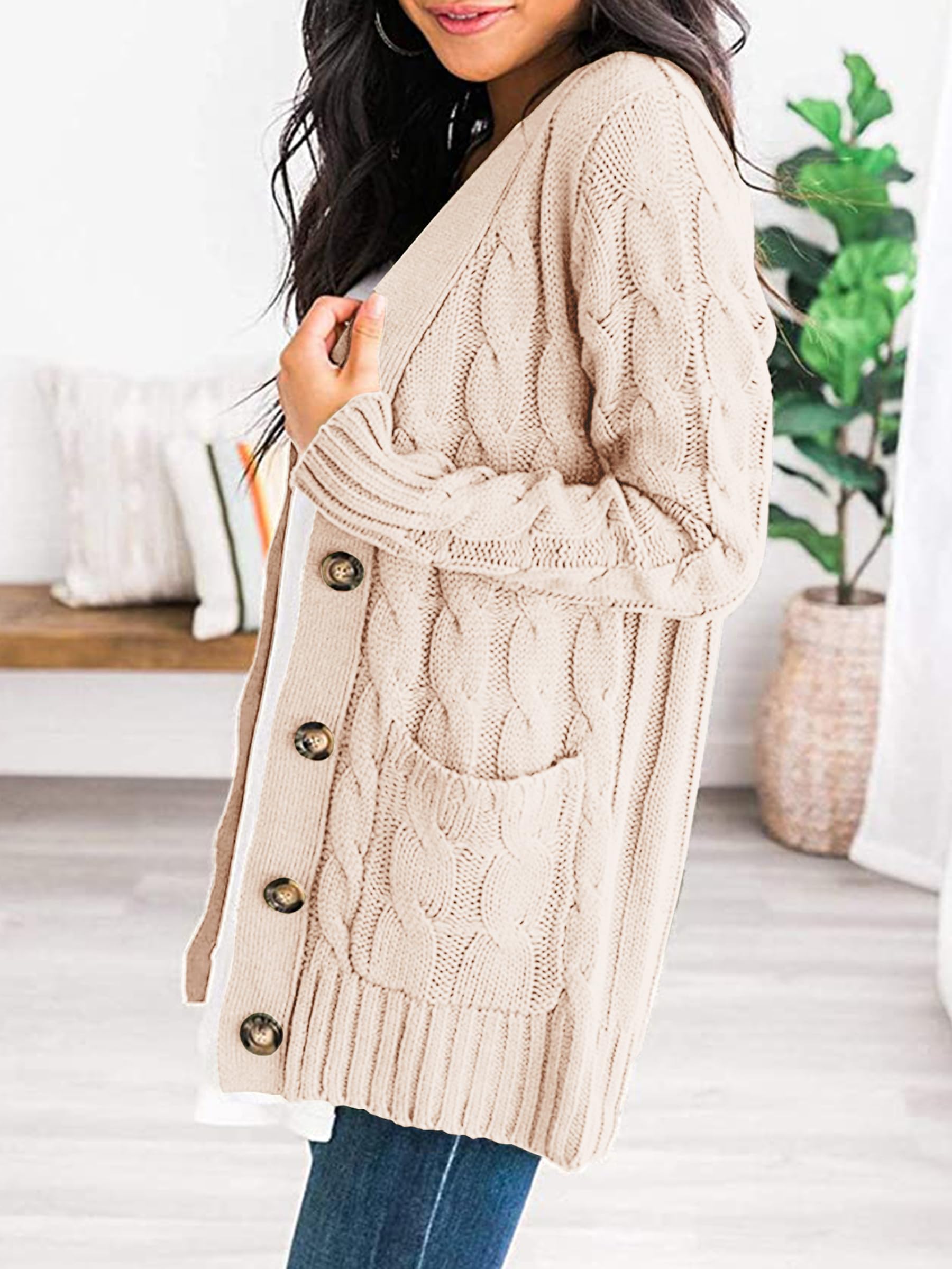 PRETTYGARDEN Women's Open Front Cardigan Sweaters Fashion Button Down Cable Knit Chunky Outwear Coats (Beige,Small)