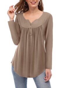 beauhuty womens long sleeve tops casual henley v-neck loose fit pleated tunic shirt blouses (long-light coffee,s)