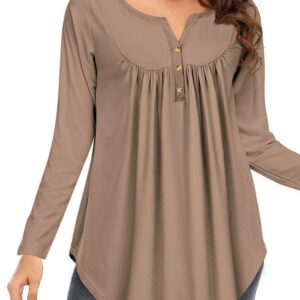 Beauhuty Womens Long Sleeve Tops Casual Henley V-Neck Loose Fit Pleated Tunic Shirt Blouses (Long-Light Coffee,S)