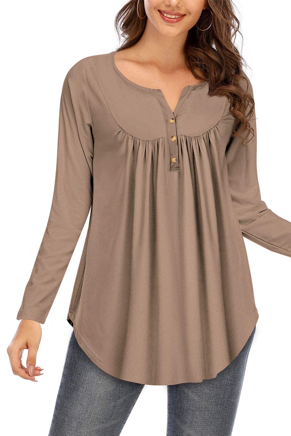 Beauhuty Womens Long Sleeve Tops Casual Henley V-Neck Loose Fit Pleated Tunic Shirt Blouses (Long-Light Coffee,S)