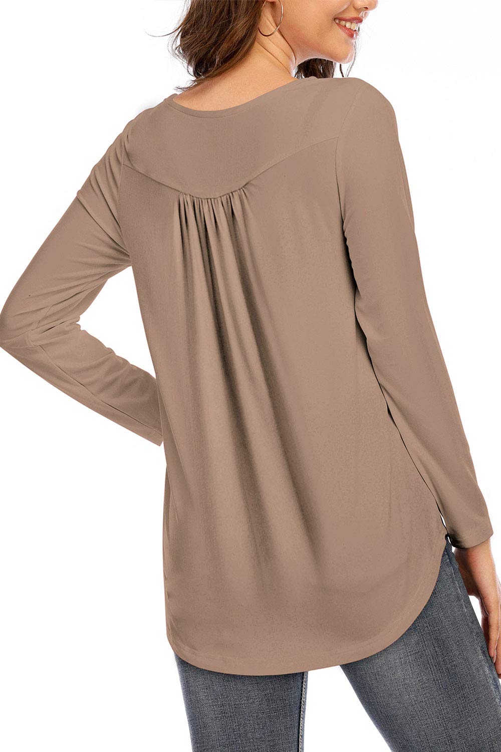 Beauhuty Womens Long Sleeve Tops Casual Henley V-Neck Loose Fit Pleated Tunic Shirt Blouses (Long-Light Coffee,S)