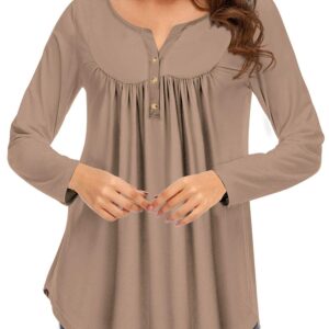 Beauhuty Womens Long Sleeve Tops Casual Henley V-Neck Loose Fit Pleated Tunic Shirt Blouses (Long-Light Coffee,S)