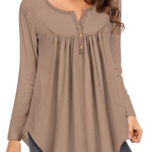 Beauhuty Womens Long Sleeve Tops Casual Henley V-Neck Loose Fit Pleated Tunic Shirt Blouses (Long-Light Coffee,S)