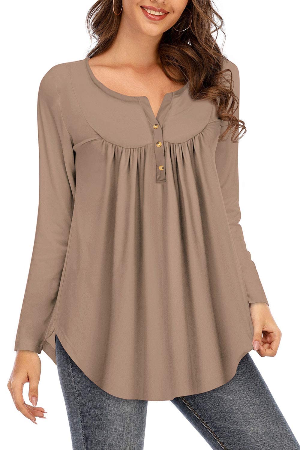 Beauhuty Womens Long Sleeve Tops Casual Henley V-Neck Loose Fit Pleated Tunic Shirt Blouses (Long-Light Coffee,S)