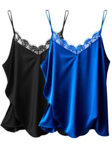 ekouaer women's 2 pcs silk satin tank top lace cami spaghetti strap top v neck camisoles black & royal blue s