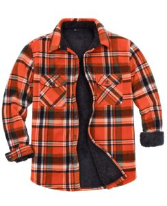 lisskolo men's all sherpa fleece lined plaid thermal flannel shirt jacket with pockets orange l