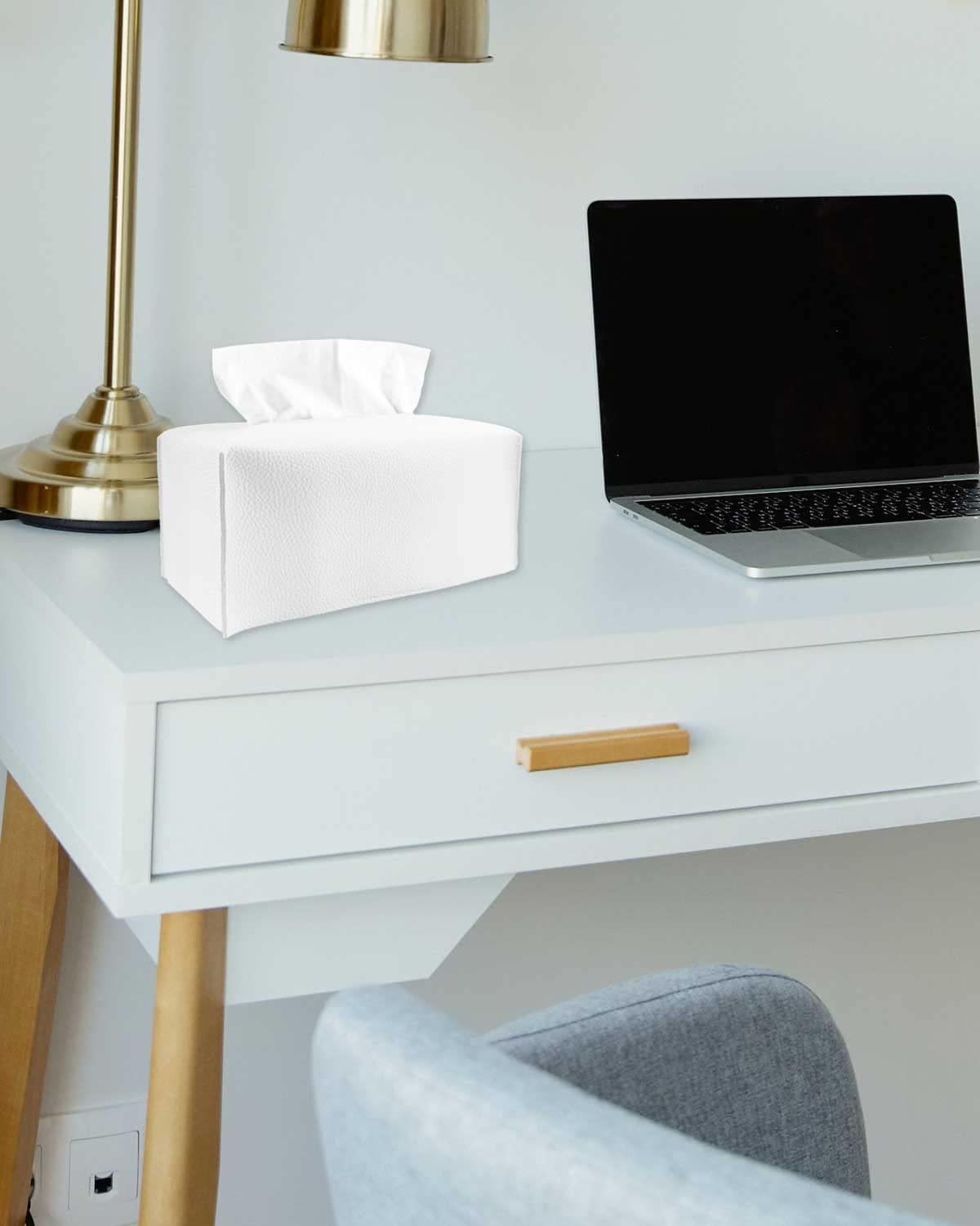 Leather Tissue Box Cover Rectangular – with Bottom Belt [JESMINI, White] Modern PU Leather Long Rectangle Tissue Box Cover Decorative for Bathroom Vanity Countertop/Night Stands/Office Desk