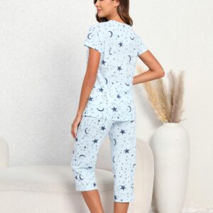 PNAEONG Women’s Pajama Set - Cotton-Blend Short-Sleeve Loose Top with Matching Capri Bottoms SY215-Blue Star-M