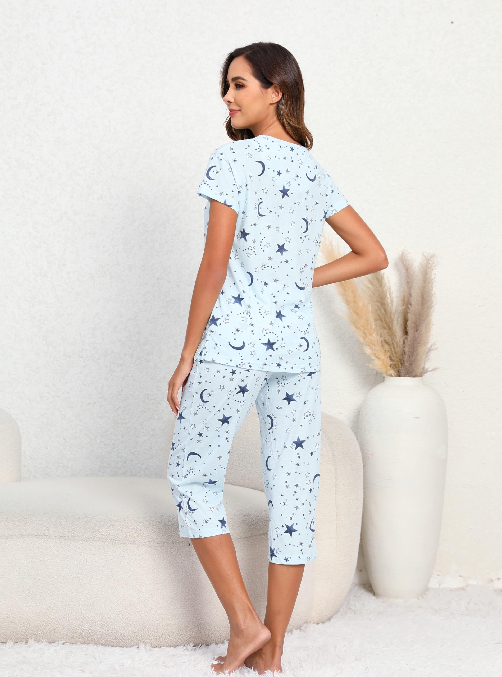 PNAEONG Women’s Pajama Set - Cotton-Blend Short-Sleeve Loose Top with Matching Capri Bottoms SY215-Blue Star-M