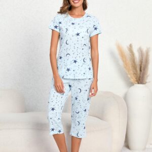 PNAEONG Women’s Pajama Set - Cotton-Blend Short-Sleeve Loose Top with Matching Capri Bottoms SY215-Blue Star-M