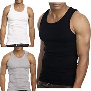 goyoma 3 packs mens 100% cotton tank top white/black wife beater a-shirt undershirt (2xl, mix)