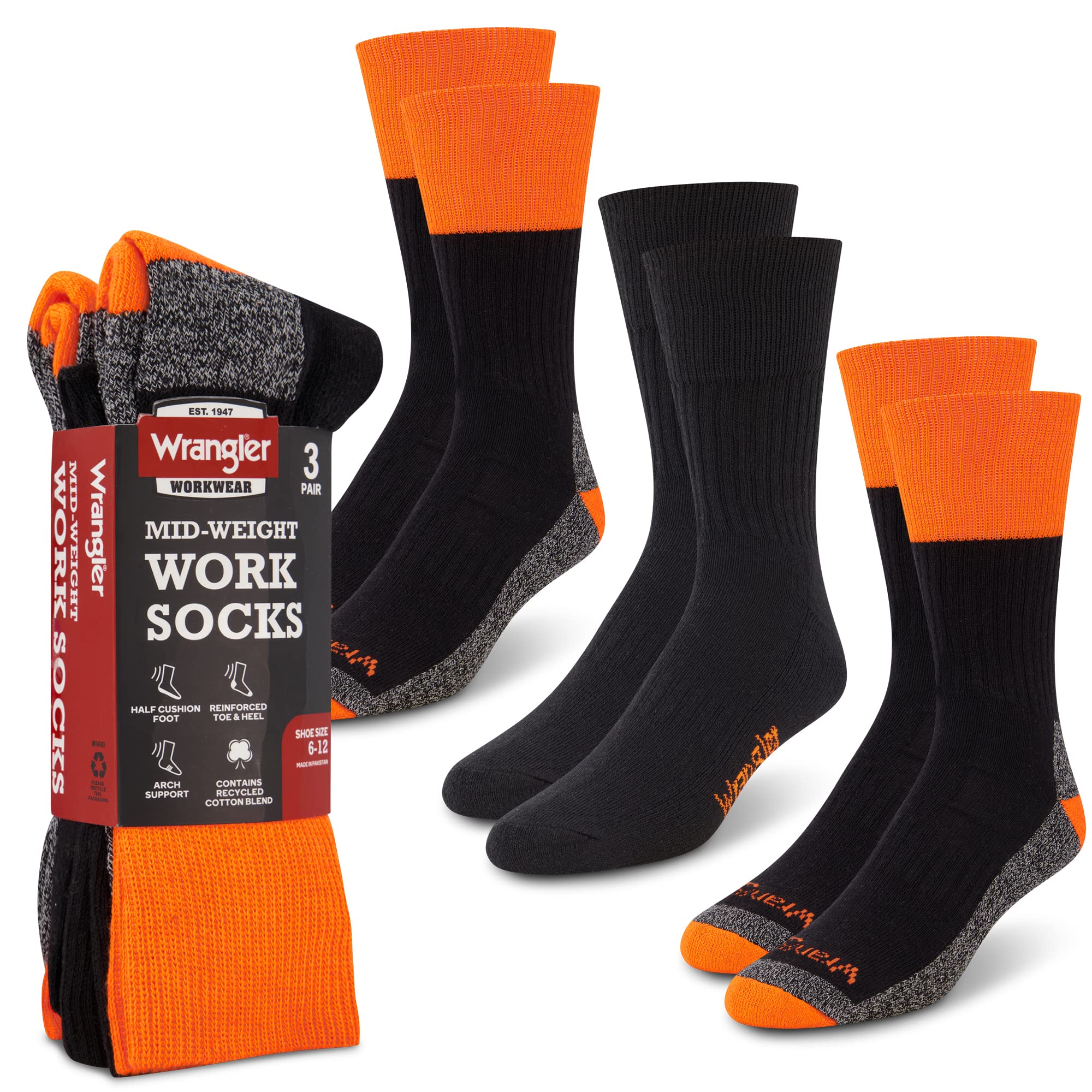 Wrangler Socks for Work - Hi-Vis Mens Socks - Crew Boot Socks for Men Size 6-12 (Black/Orange)