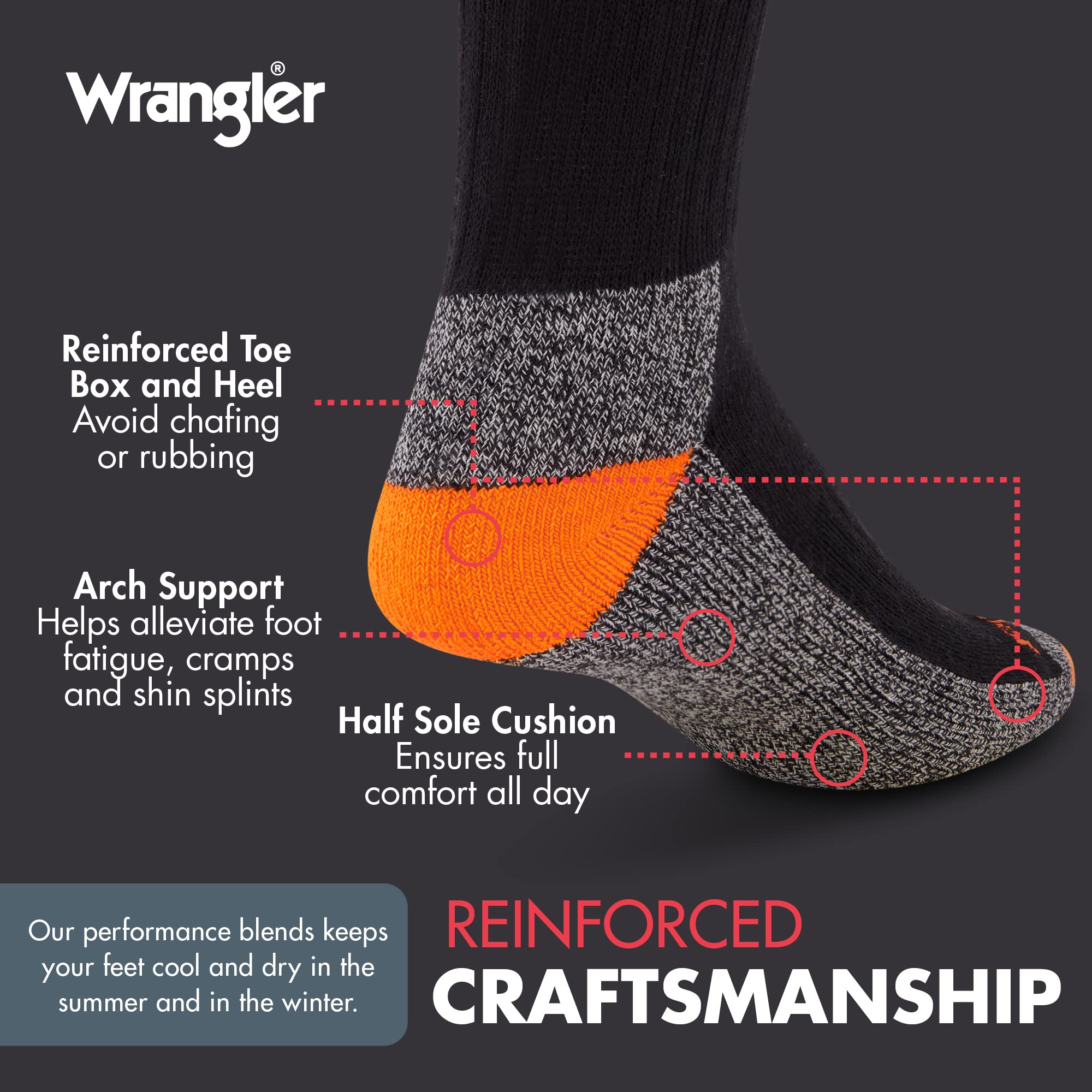 Wrangler Socks for Work - Hi-Vis Mens Socks - Crew Boot Socks for Men Size 6-12 (Black/Orange)