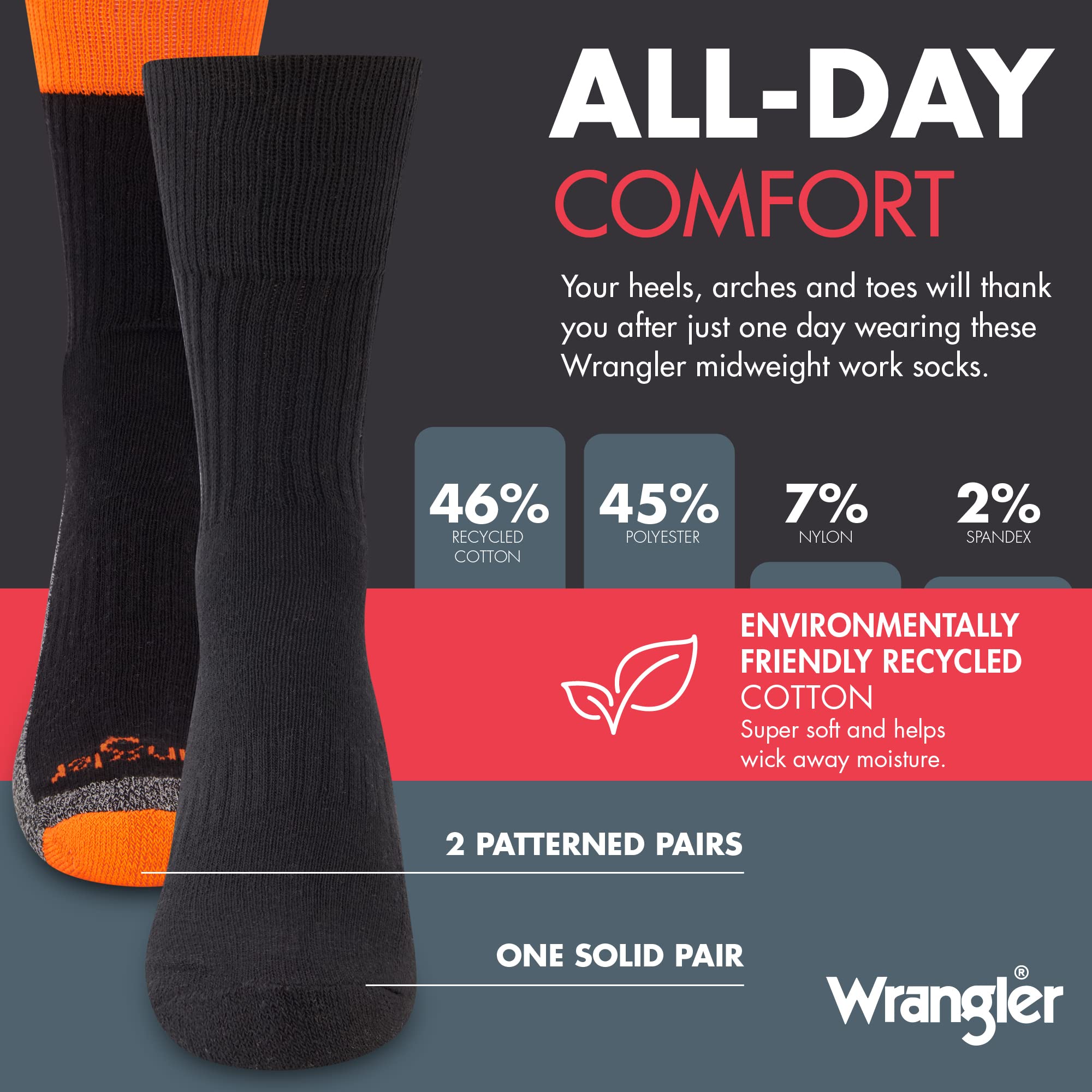 Wrangler Socks for Work - Hi-Vis Mens Socks - Crew Boot Socks for Men Size 6-12 (Black/Orange)