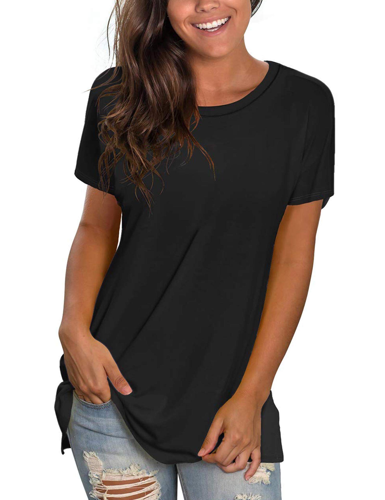 WNEEDU Womens T Shirts Short Sleeve Crewneck Loose Summer Tees Basic Tops(Black,S)