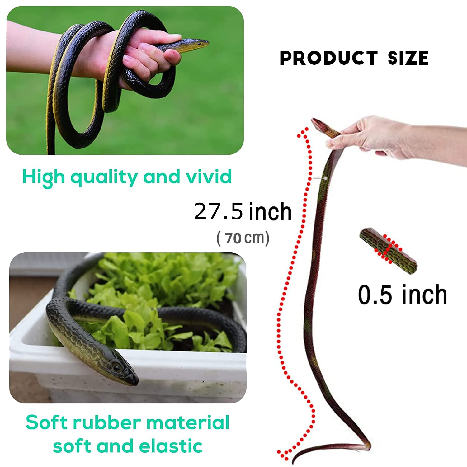 Hsxfl Rubber Snakes to Keep Birds Away, 4 Pieces 27.5 Inch Realistic Rubber Snakes, Plastic Fake Snakes Toy Snake for Garden Props to Scare Birds, Squirrels, Mice, Pranks,Halloween Decoration