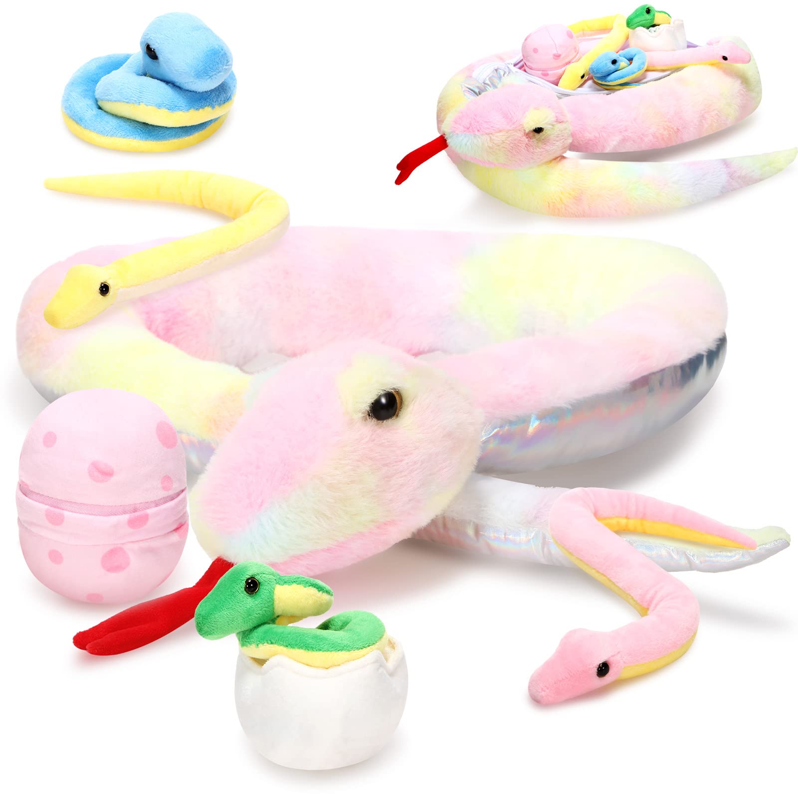 Leitee 7 Pcs Snake Plush Toy Set 63 Inch Large Snake Stuffed Animal Zipper Snake Toys with Cute Baby Snakes and Eggs in Mommy Snake's Belly for Valentine's Day Birthday(Cute Style)