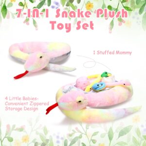 Leitee 7 Pcs Snake Plush Toy Set 63 Inch Large Snake Stuffed Animal Zipper Snake Toys with Cute Baby Snakes and Eggs in Mommy Snake's Belly for Valentine's Day Birthday(Cute Style)