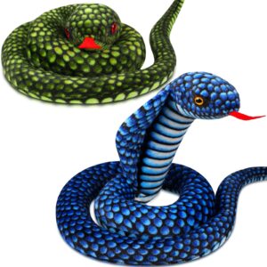 zhanmai 2 pack 43 inches cobra snake animal plush toy large realistic cobra snake plush stuffed animal toy naja cobra plush toys snake for birthday party gifts prank props(green, blue)