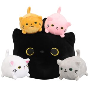 cat stuffed animals, cute black cat plush mommy with 4 kitty plushies inside tummy, 5pcs soft cat plush pillow toys, gift present animal pillows for kids girls boys