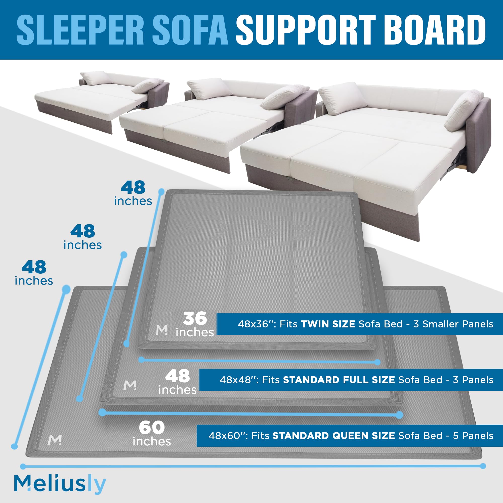 Meliusly® Sleeper Sofa Support Board (48x48'' - Full Size) - Sleeper Sofa Support for Sofa Bed - Sleep Sofa Bar Shield for Sofa Bed or Pullout Couch - Sofa Bed Mattress, Cushion & Bar Support Slats