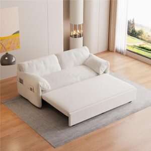 Eafurn Sleeper Couch Sofa Bed, Beige Velet 63.8" Queen with Side Pockets