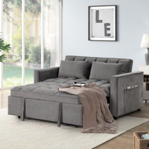 ebello 3 in 1 convertible sleeper sofa bed, modern velvet loveseat futon couch pullout bed with side storage pockets and pillows, small love seat lounge sofa bed for small space, living room, grey