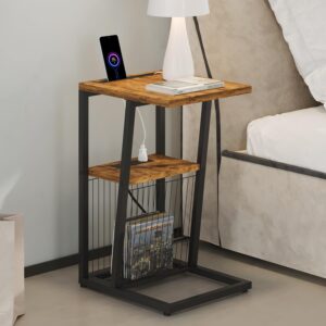 Heybly Side Table, C Shaped Nightstand End Table with Charging Station and Phone Holder,2 USB Ports and Power Outlets, Snack Sofa Couch Tables for Small Spaces, Rustic Brown HET001CSR1