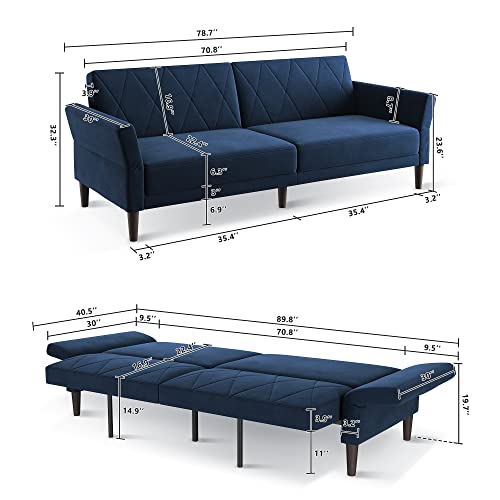 HONBAY Convertible Futon Bed Velvet Sleeper Sofa Tufted Couch Bed with Adjustable Armrests for Apartment, Blue