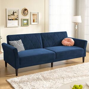 honbay convertible futon bed velvet sleeper sofa tufted couch bed with adjustable armrests for apartment, blue