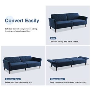 HONBAY Convertible Futon Bed Velvet Sleeper Sofa Tufted Couch Bed with Adjustable Armrests for Apartment, Blue