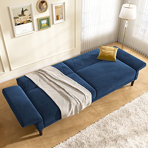 HONBAY Convertible Futon Bed Velvet Sleeper Sofa Tufted Couch Bed with Adjustable Armrests for Apartment, Blue