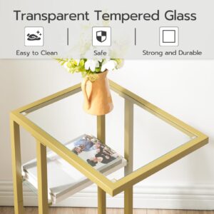 HOOBRO C Shaped End Table, Small Side Table for Couch and Bed, Tempered Glass Sofa Table with Metal Frame, Snack Accent Table for Small Place, Living Room, Bedroom, Gold GD08SF01