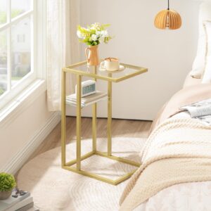 HOOBRO C Shaped End Table, Small Side Table for Couch and Bed, Tempered Glass Sofa Table with Metal Frame, Snack Accent Table for Small Place, Living Room, Bedroom, Gold GD08SF01