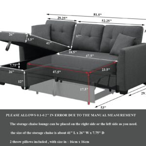 Sleeper Sectional Sofa Pull Out Couch with Storage Chaise 2 in 1 Sleeper Sofa Couch Convertible Sleeper Bed for Living Room, Apartment,Bedroom,Dark Grey