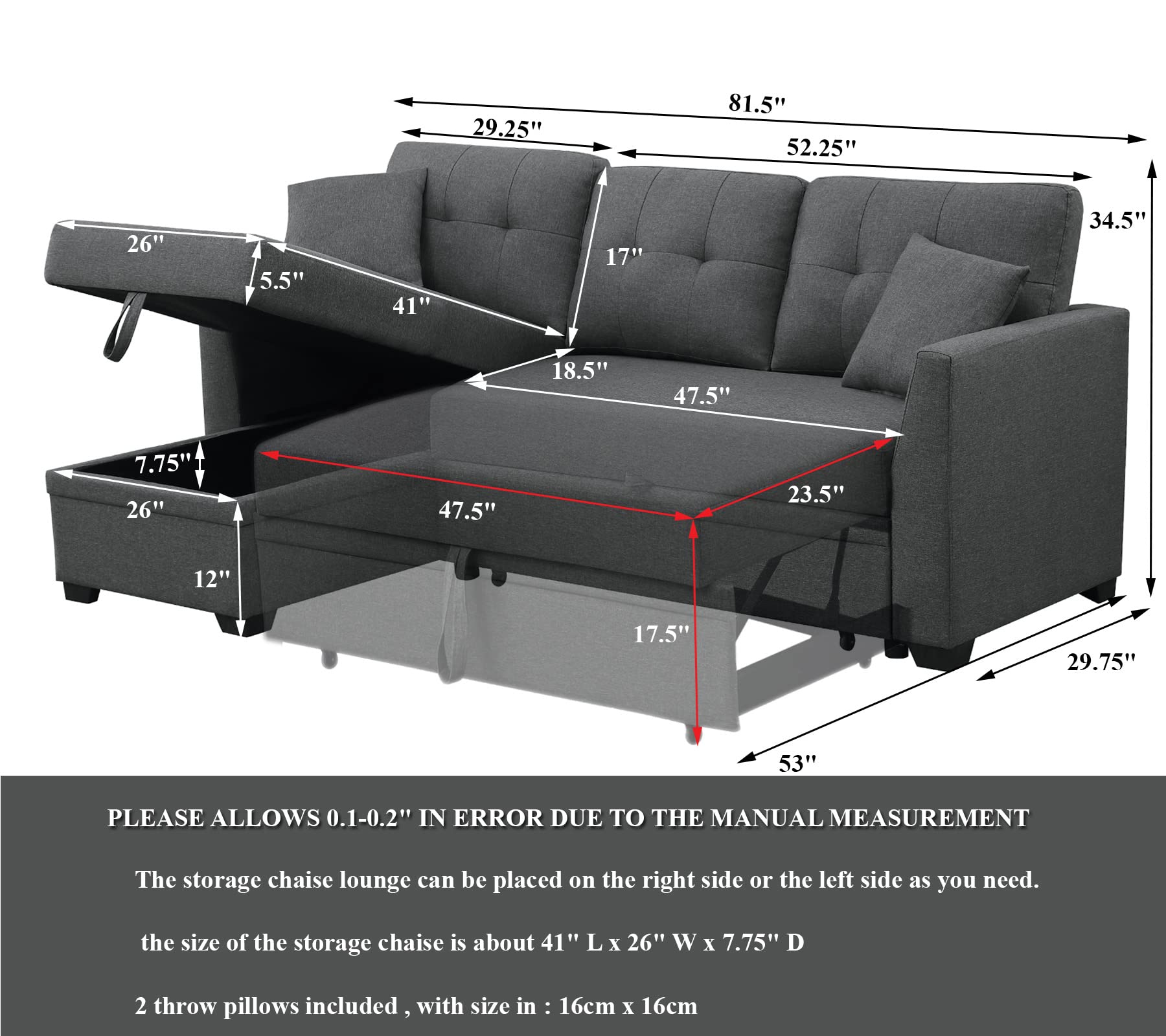 Sleeper Sectional Sofa Pull Out Couch with Storage Chaise 2 in 1 Sleeper Sofa Couch Convertible Sleeper Bed for Living Room, Apartment,Bedroom,Dark Grey